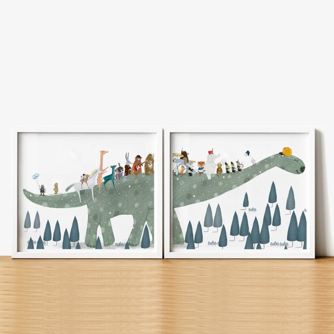 Dino Beats Nursery Art Print, Forest Animals, Woodland Storybook Theme ...