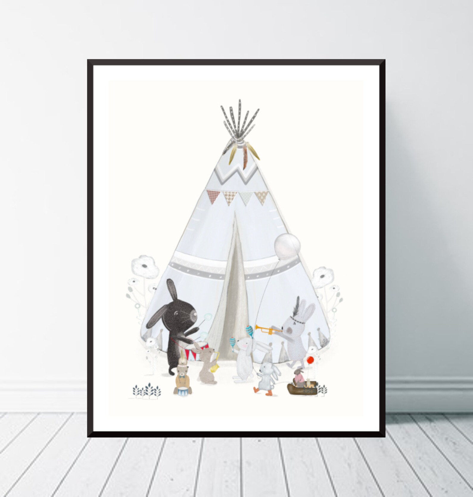 Bunny Tipi. Nursery Art Children's Wall Art Music Theme | Etsy