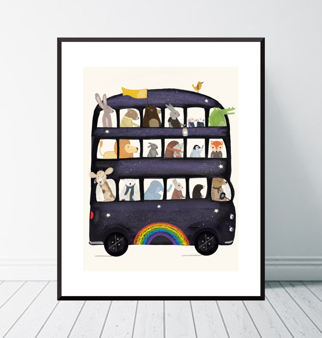 The Rainbow Bus. Nursery Art Print, Woodland Animals, Children's Wall ...