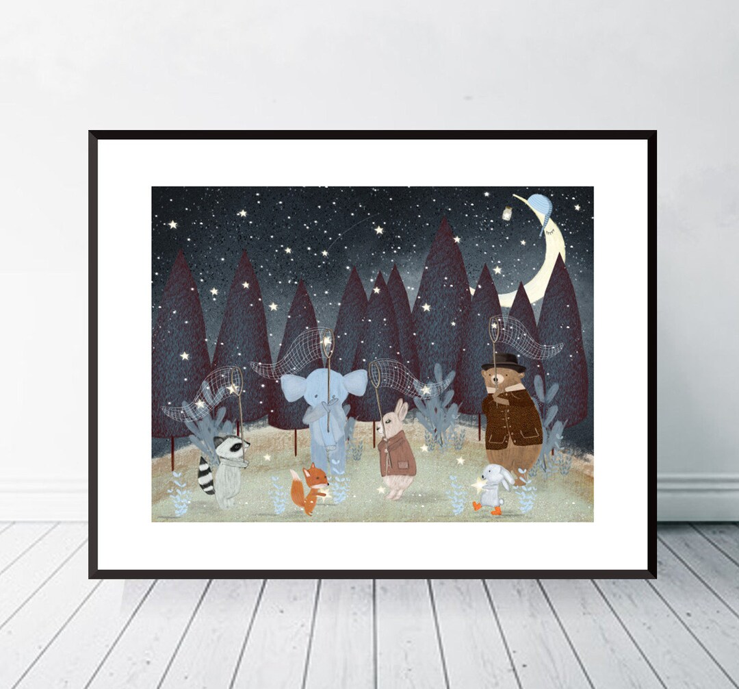 Little Falling Stars Nursery Art Print, Woodland Animals Adventure ...