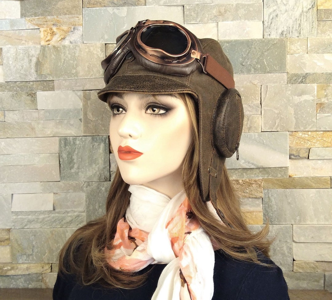 Aviator Pilot Hat, Leather WW2 Military Style Pilot Helmet, Aviation ...