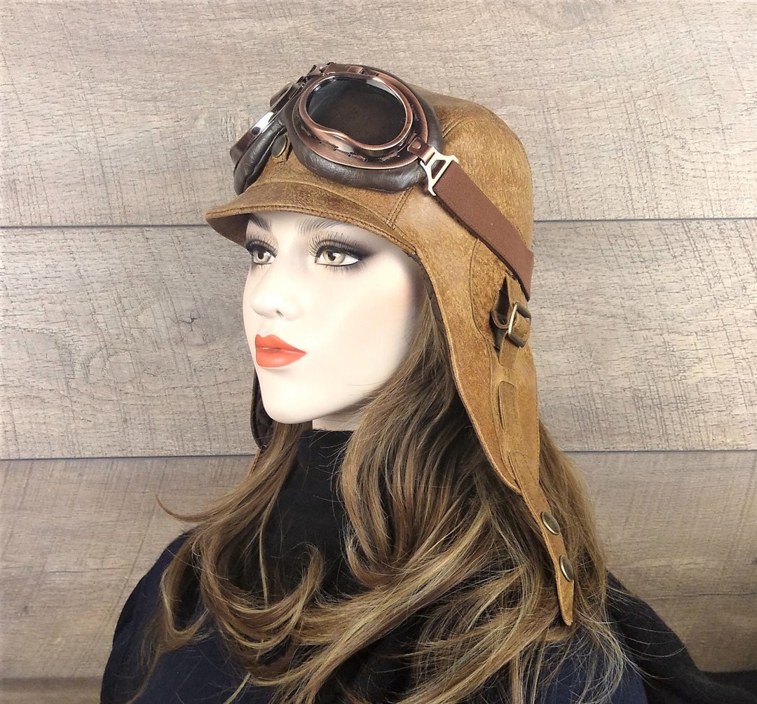Tan Leather Aviator Hat, Convertible Driving, Motorcycle Helmet, Pilot ...