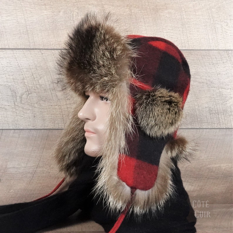 Real Fur Trapper Hat Red and Black Buffalo Check Felt - Etsy Canada