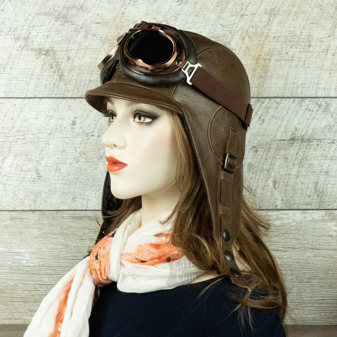 Chestnut Brown Leather Aviator Hat, Pilot Style Helmet, Convertible ...