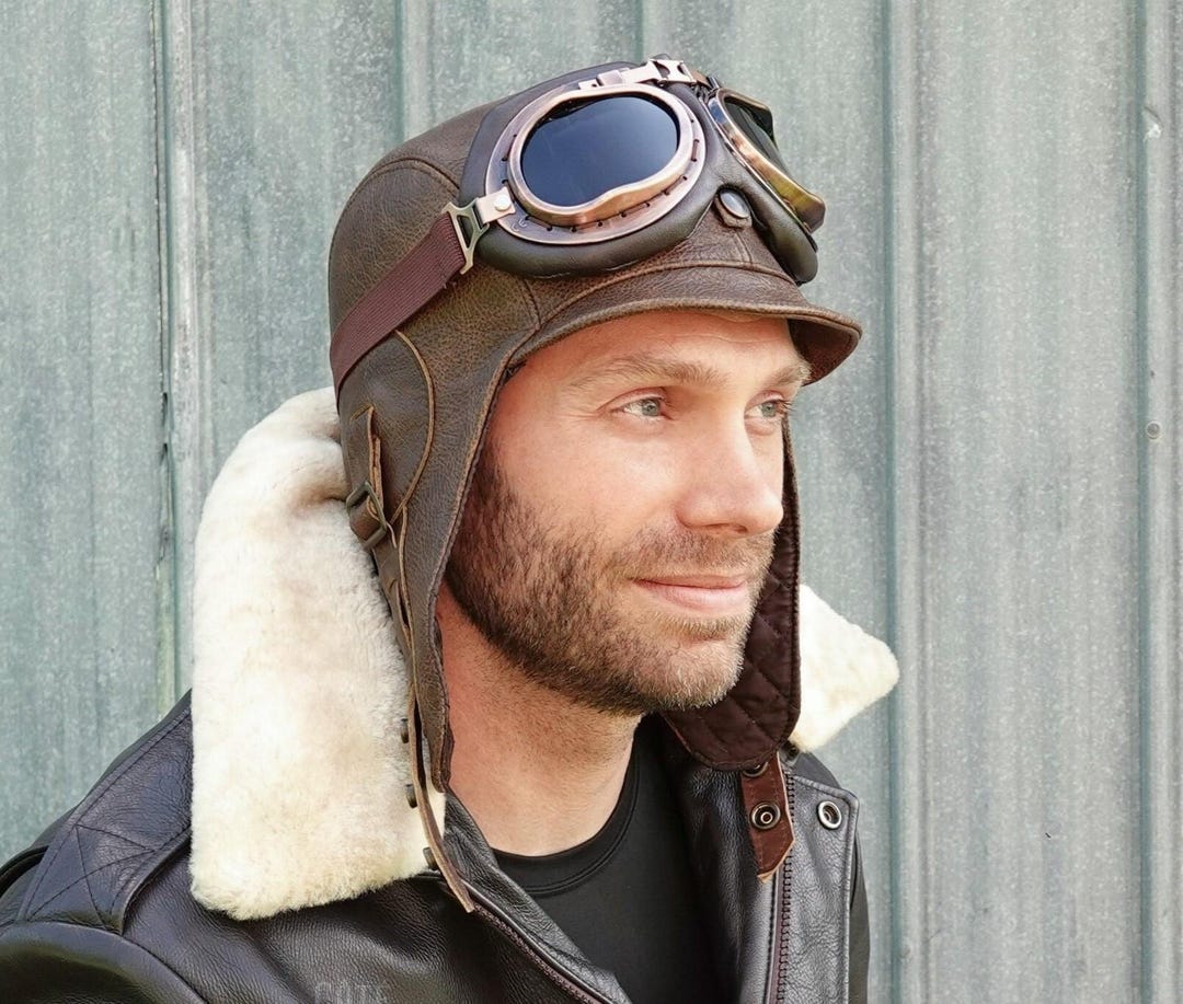 Chestnut Brown Leather Aviator Hat, Pilot Style Helmet, Convertible ...