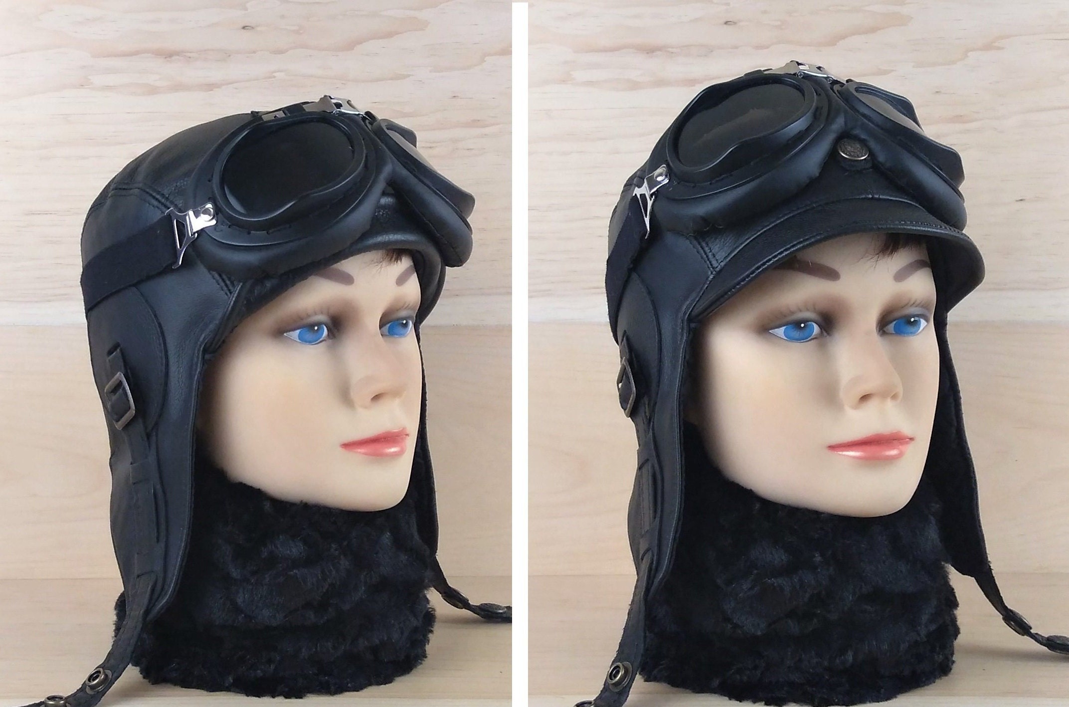 Leather Aviator Hat, Motorcycle Helmet, pilot cap, Military Style ...