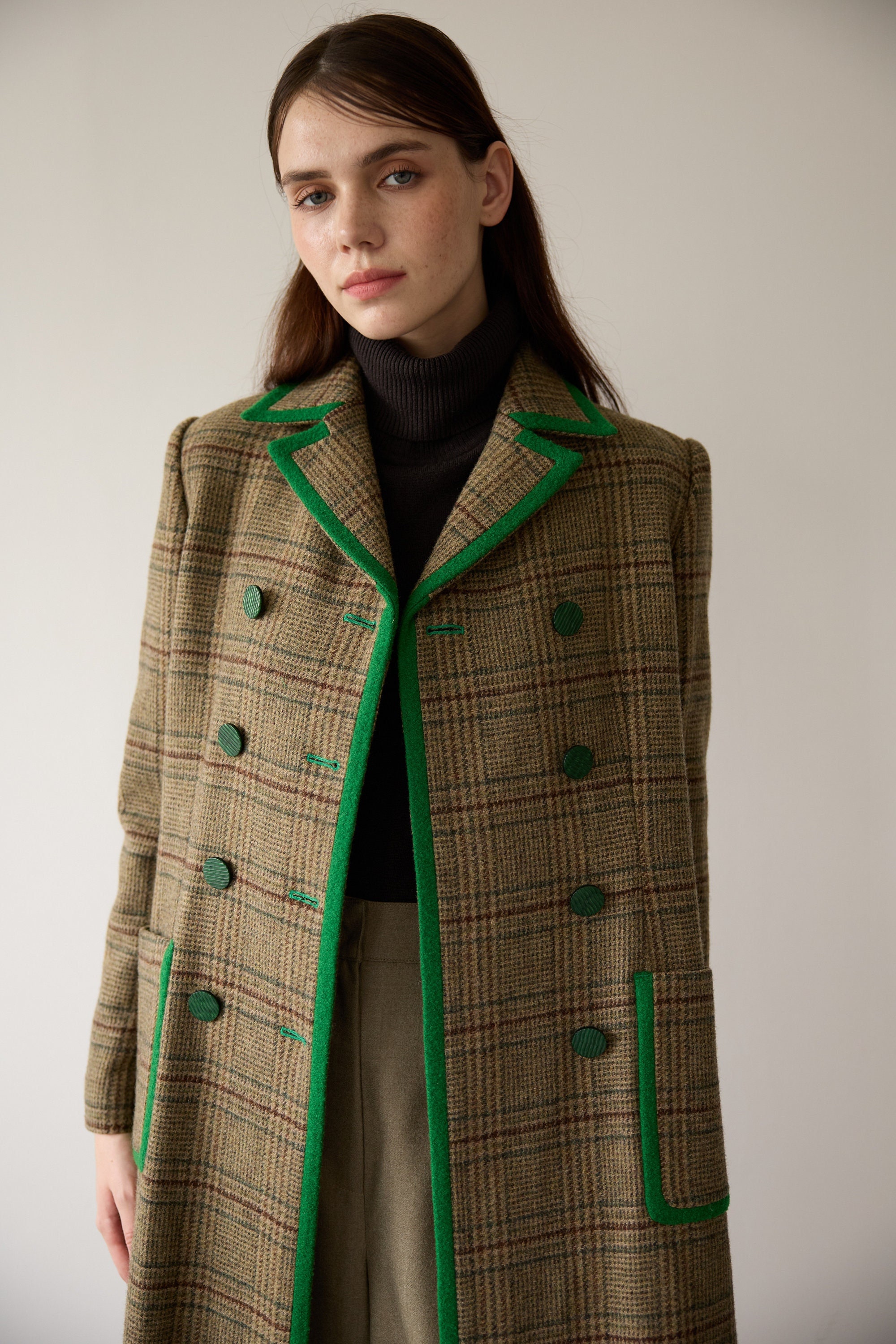 Combi Classical Check Pattern Wool 100% Double-breasted Long Coat_vivid ...