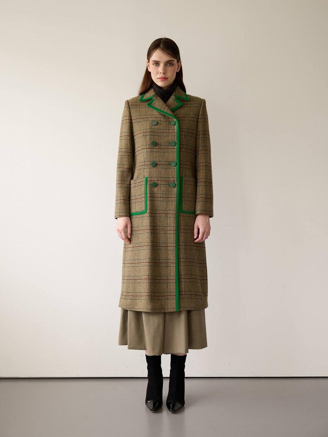 Combi Classical Check Pattern Wool 100% Double-breasted Long Coat_vivid ...