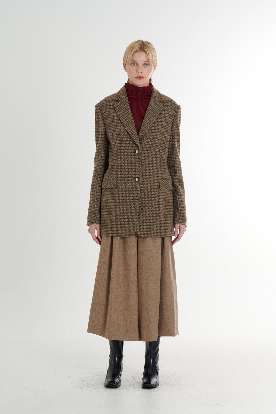 Wool Tweed Check Pattern Loose Fit Single Two Button Blazer - Etsy