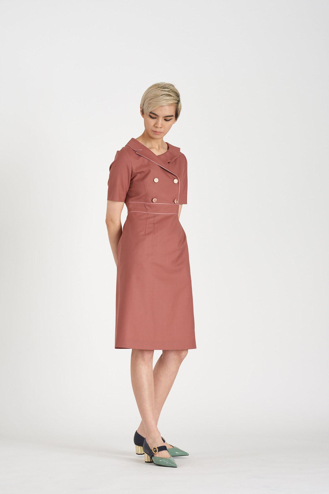 Asymmetric Structural Neckline Formal Summer Wool Dress_nostalgia Rose ...