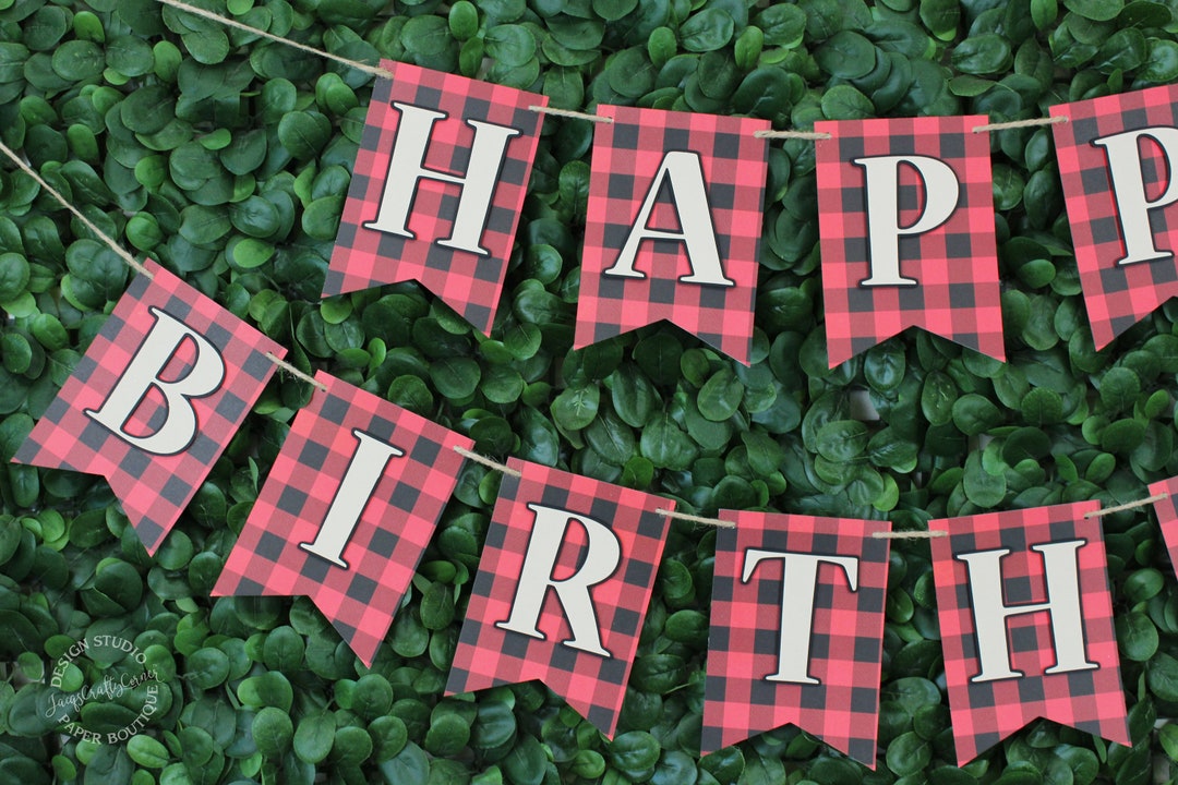 Personalized Buffalo Plaid Birthday Banner | Black and Red Checker ...