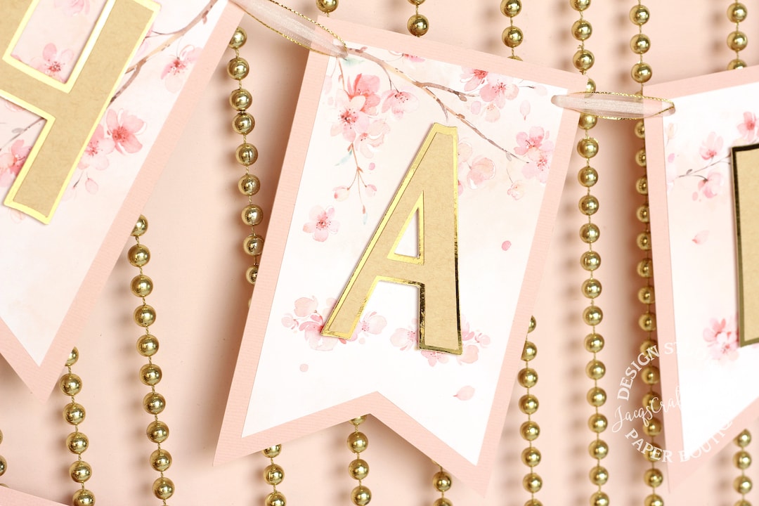 Sakura Cherry Blossom Birthday Banner | Pink and Gold Personalized ...