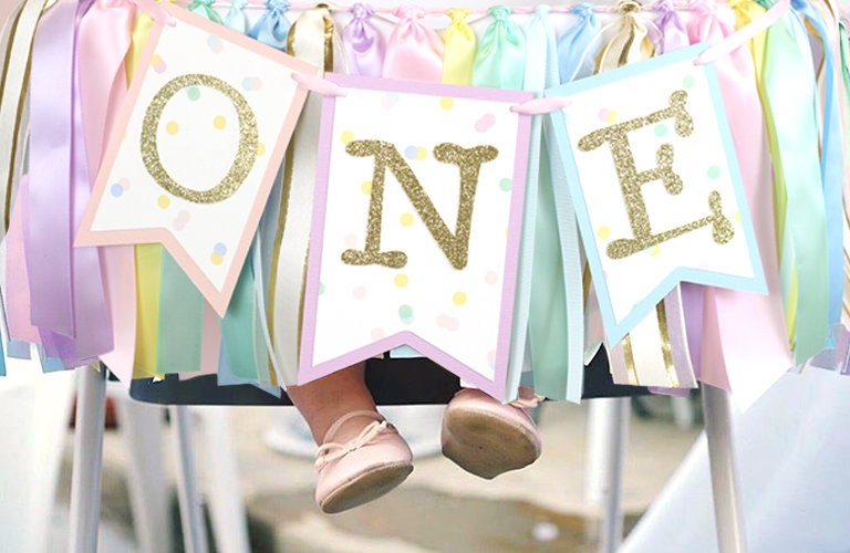 Pastel Rainbow and Gold Birthday Banner Unicorn First | Etsy