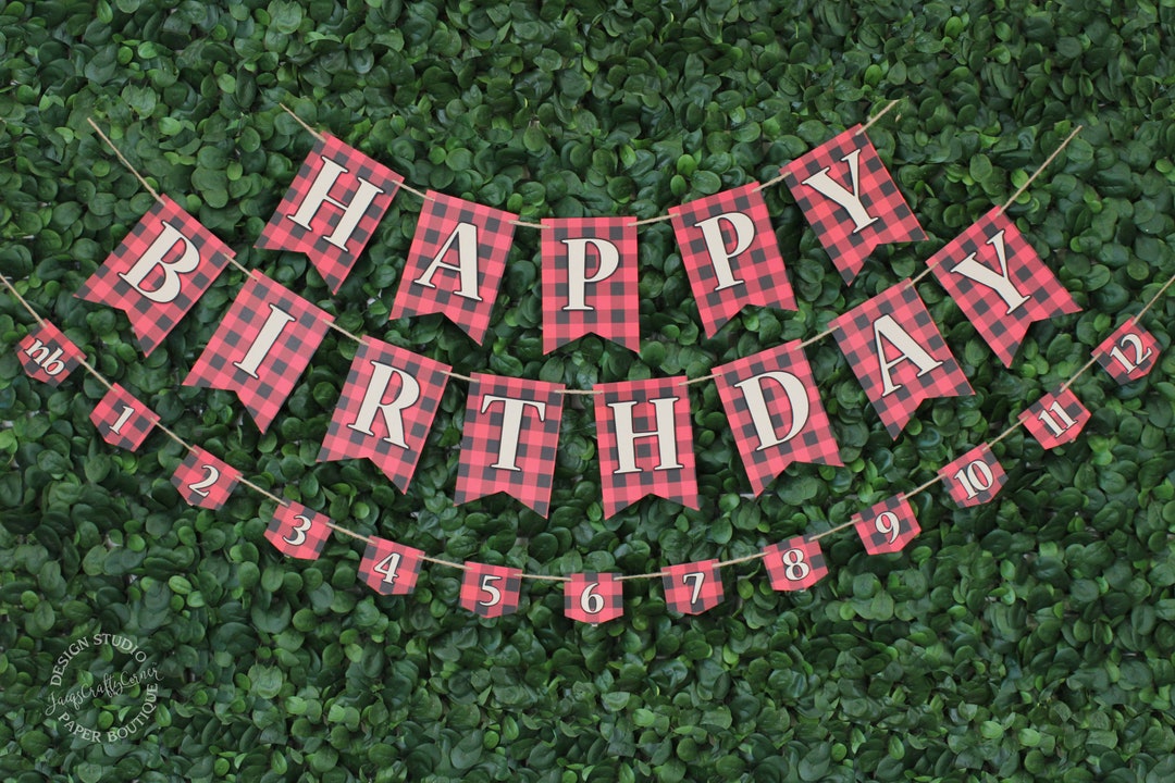 Buffalo Plaid First Birthday Photo Garland: Lumberjack Milestone Banner ...