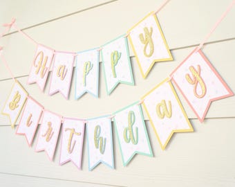 Pastel Rainbow Birthday Banner: Gold Glitter Cursive Letters - Etsy