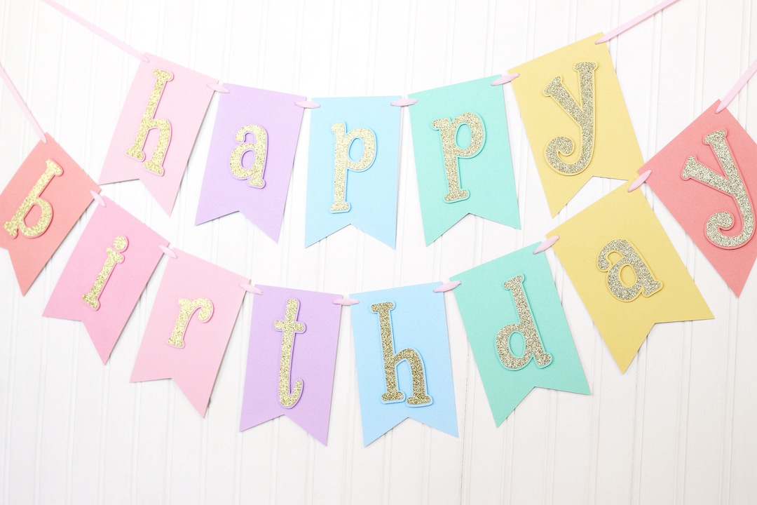 Pastel Rainbow and Gold Birthday Banner | Unicorn First Birthday Banner ...
