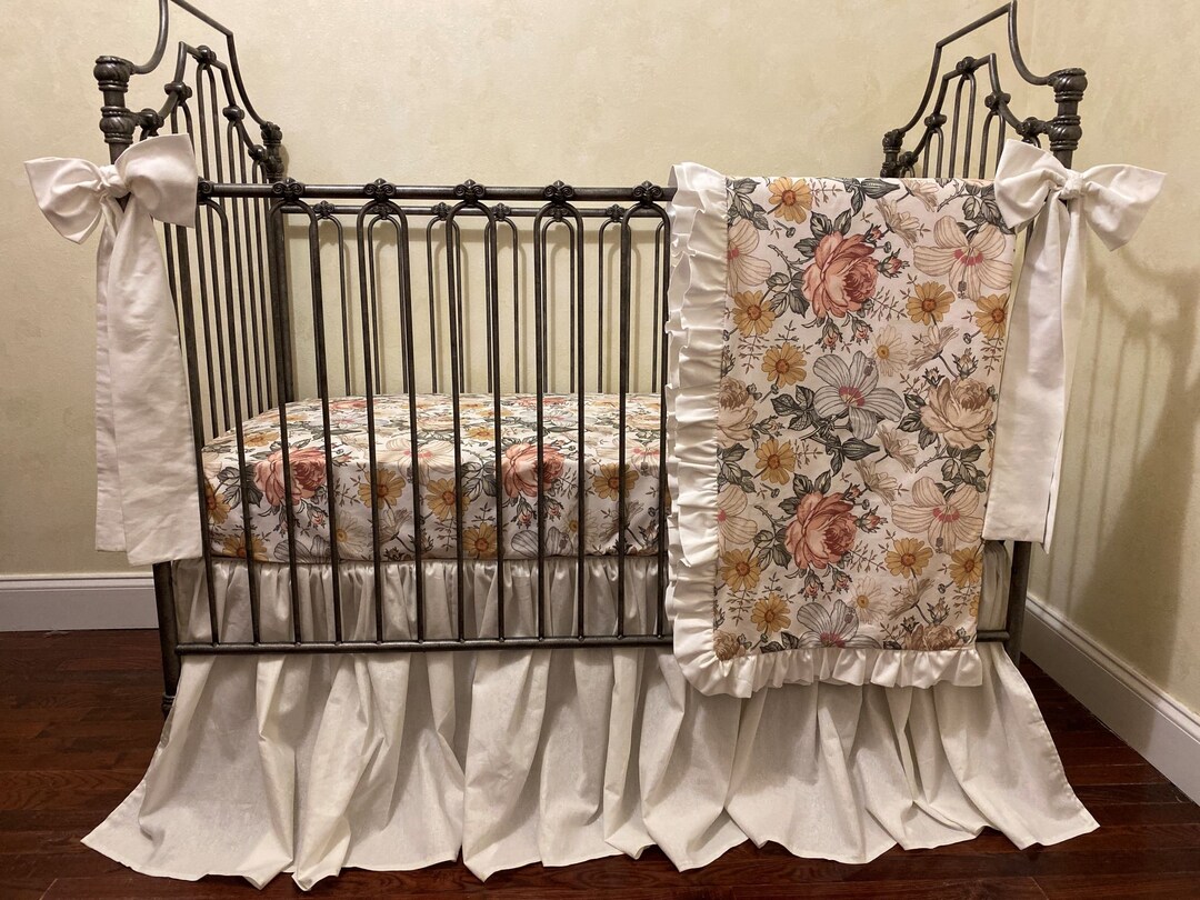 Baby Girl Floral and Linen Crib Bedding Set, Girl Baby Bedding, Ivory ...