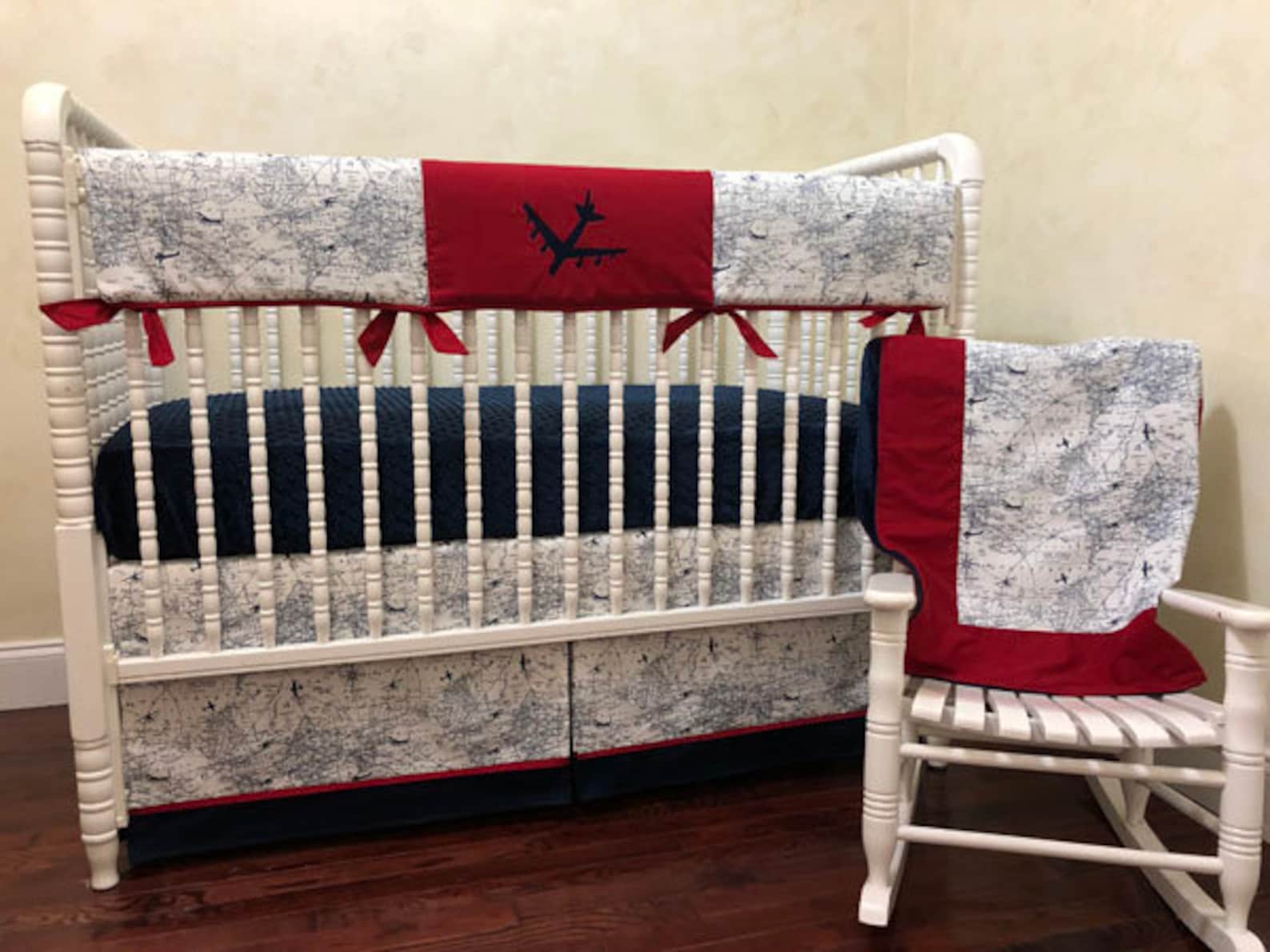 Airplane Crib Bedding Set Boy Baby Bedding Navy and Ruby | Etsy