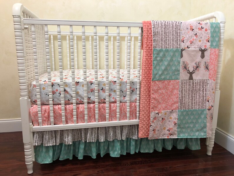 Patchwork Baby Blanket, Patchwork Crib Blanket, Floral Deer, Coral ...