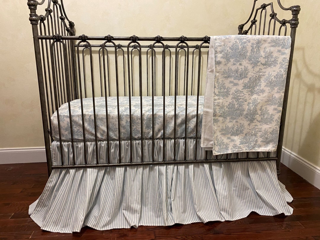 Blue Toile Blue Ticking Stripe Crib Bedding Set, Baby Boy Crib Bedding ...