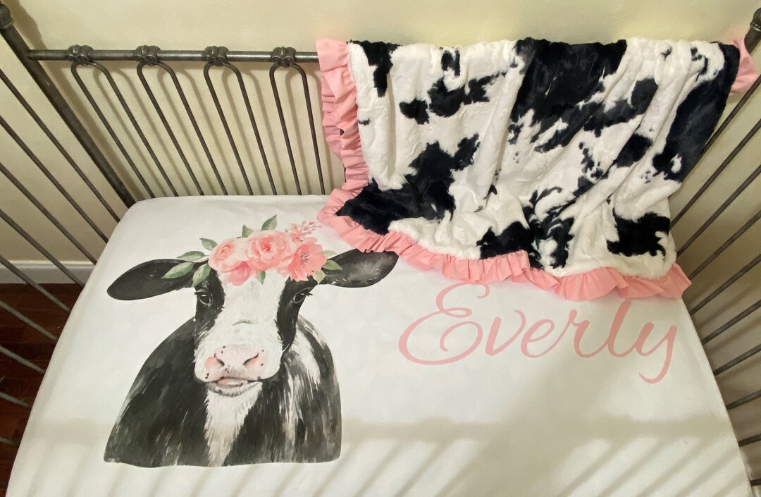 Baby Girl Crib Bedding, Pink Floral Cow Crib Sheet and Blanket Set ...