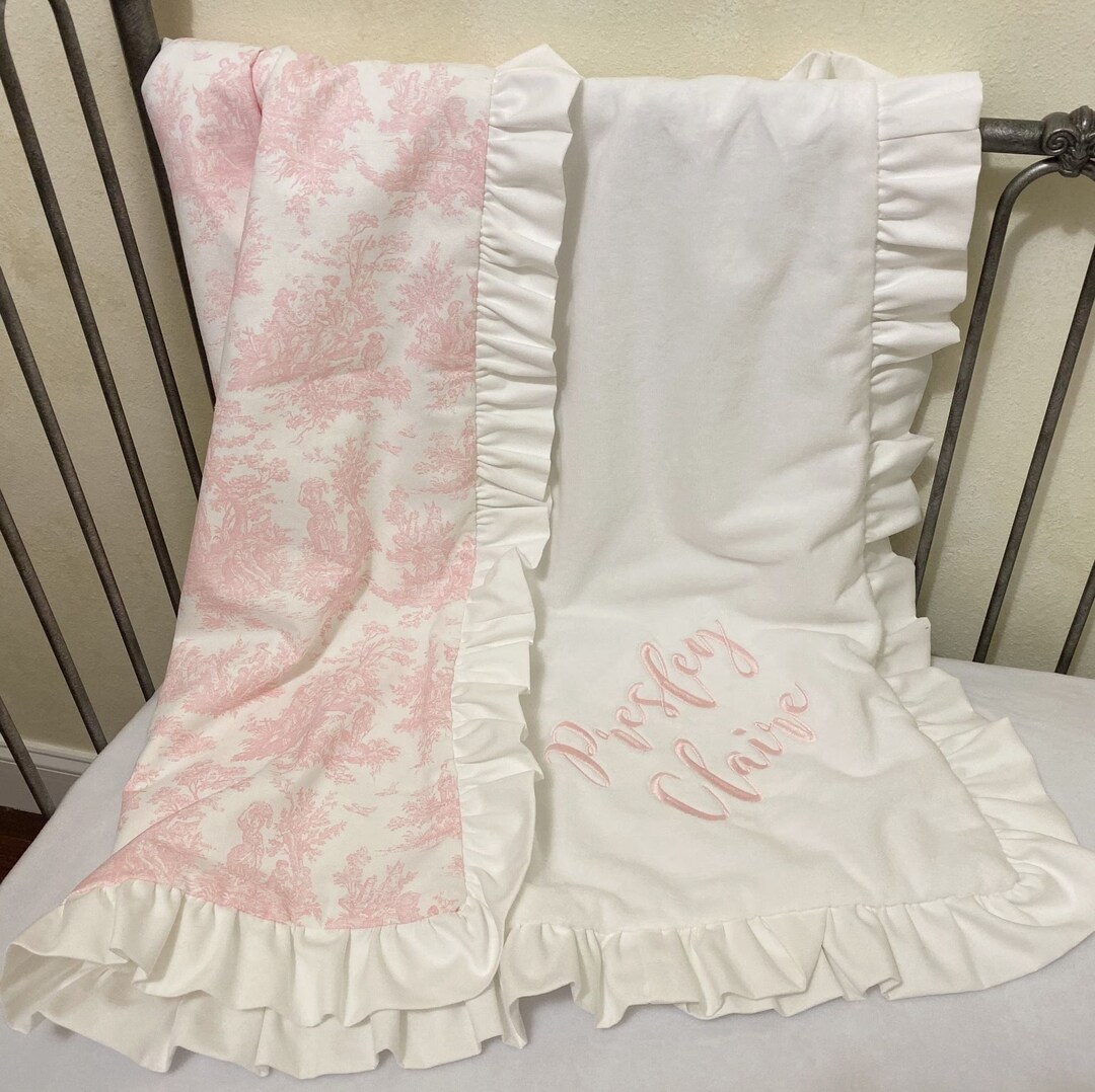 Pink Toile Baby Blanket, Baby Girl Blanket With Ruffle, Pink Toile ...