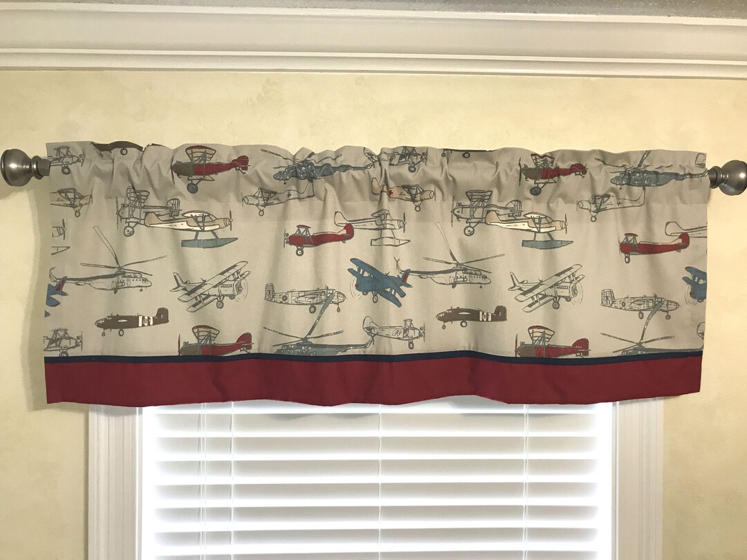 Nursery Window Valance - Vintage Airplanes With Ruby Red & Navy - Etsy