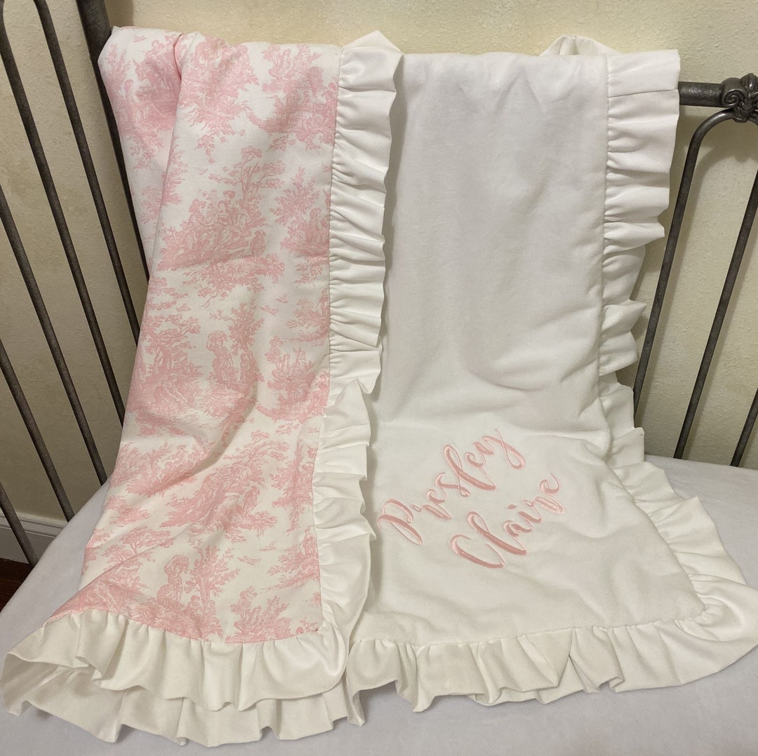 Pink Toile Baby Blanket, Baby Girl Blanket With Ruffle, Pink Toile ...