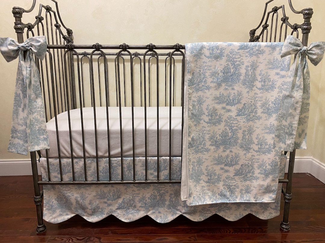 Blue Toile Crib Bedding Set: Scallop Skirt, Minky Sheet, Blanket & Bows ...