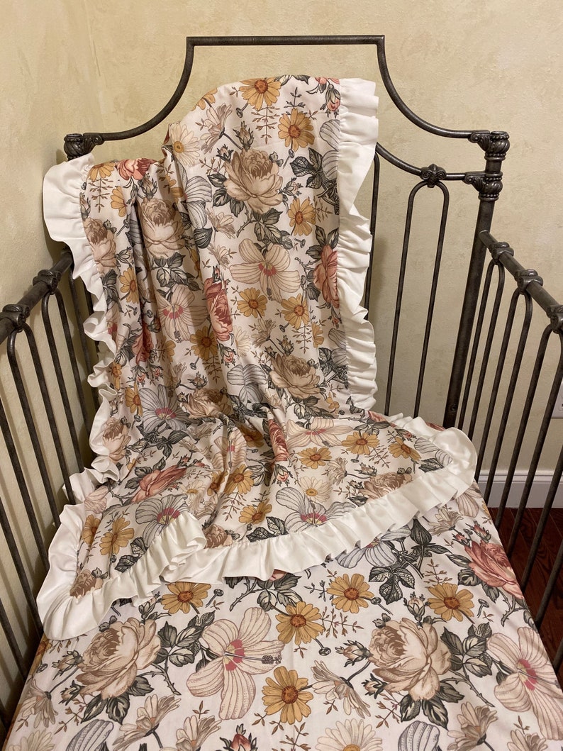 Baby Girl Floral and Linen Crib Bedding Set, Girl Baby Bedding, Ivory ...