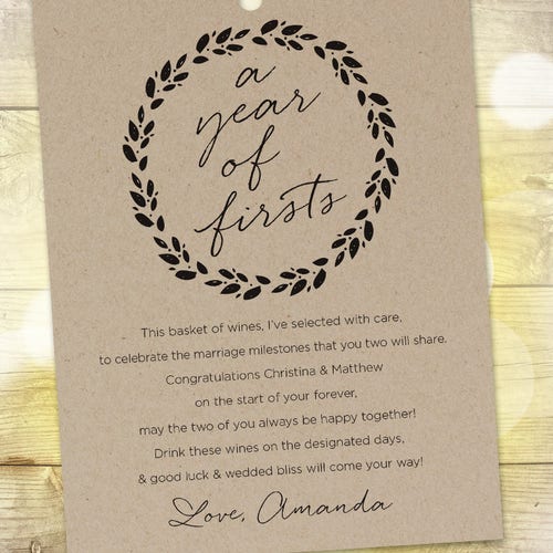 Marriage Milestone Wine Basket Tags A Year of Firsts Wine - Etsy