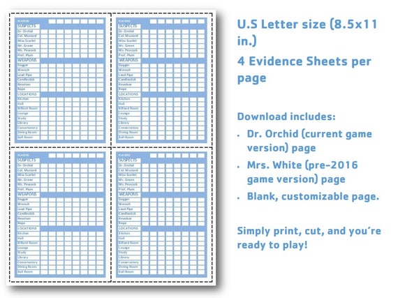 Clue Board Game Sheets