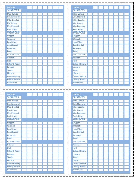 Clue Game Sheets