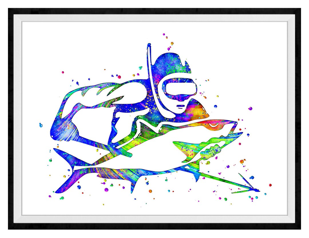 Scuba Diving Vibrant Watercolor Stencil Painting Modern Art Print - Etsy