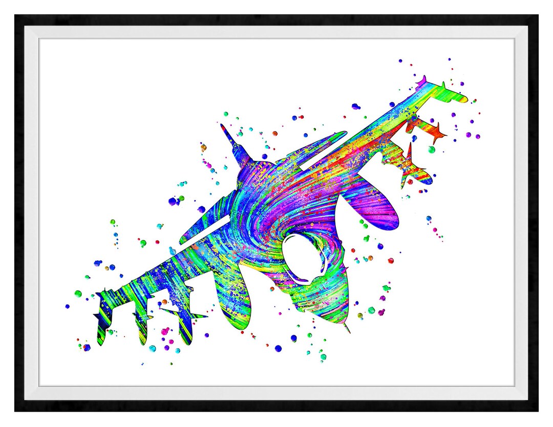 F-16 Fighter Jet Vibrant Watercolor Stencil Painting Modern Art Print ...