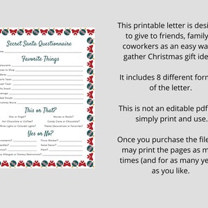 Christmas Gift Letter Secret Santa Questionnaire Printable Christmas ...