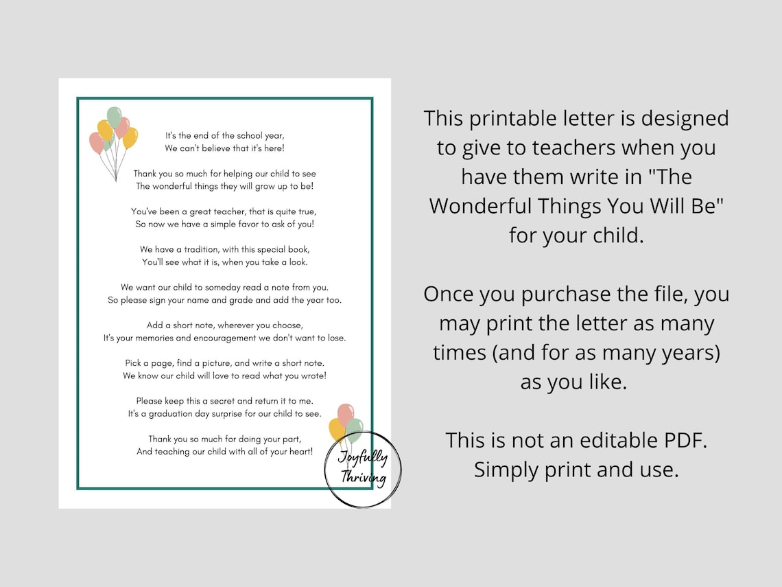 The Wonderful Things You Will Be Teacher Letter Letter to Give to ...