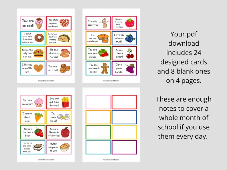 Food Theme Lunch Box Notes for Kids Encouraging Notes for Kids ...