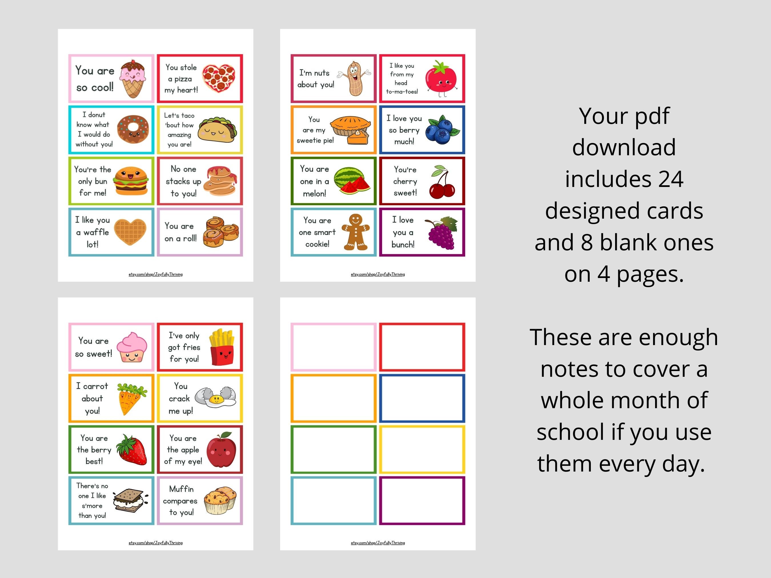 Food Theme Lunch Box Notes for Kids Encouraging Notes for Kids ...
