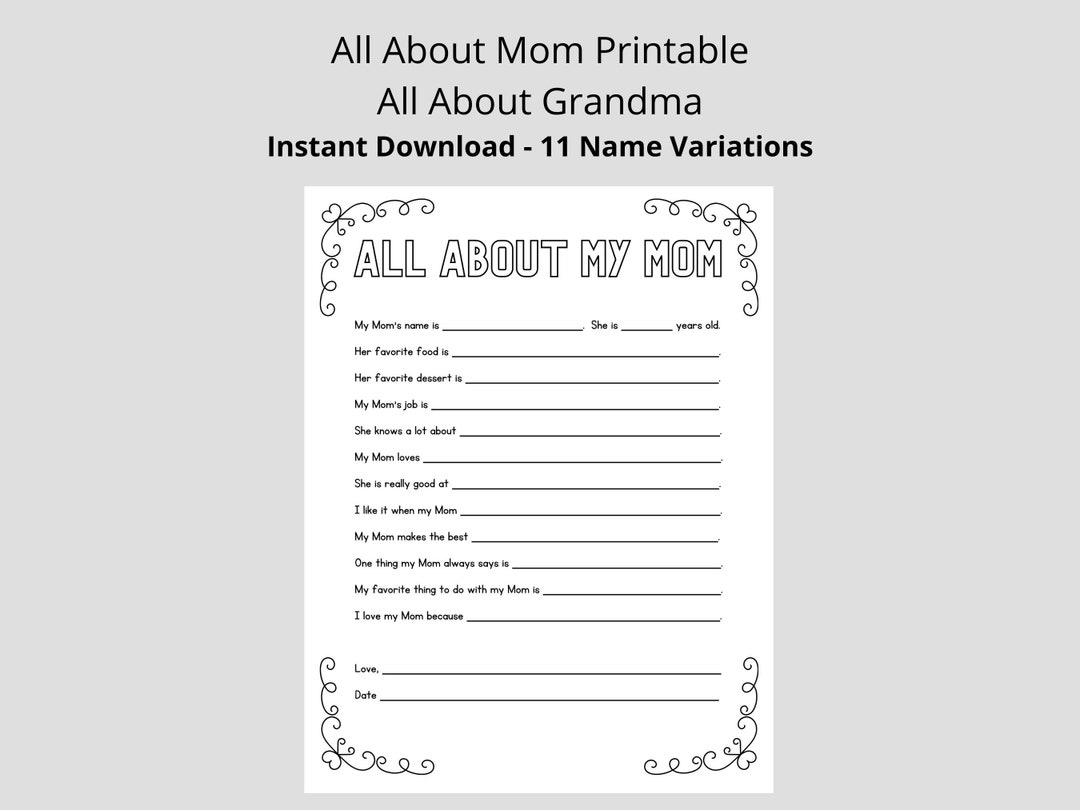 All About Mom Questionnaire Grandma Questionnaire Printable Printable ...