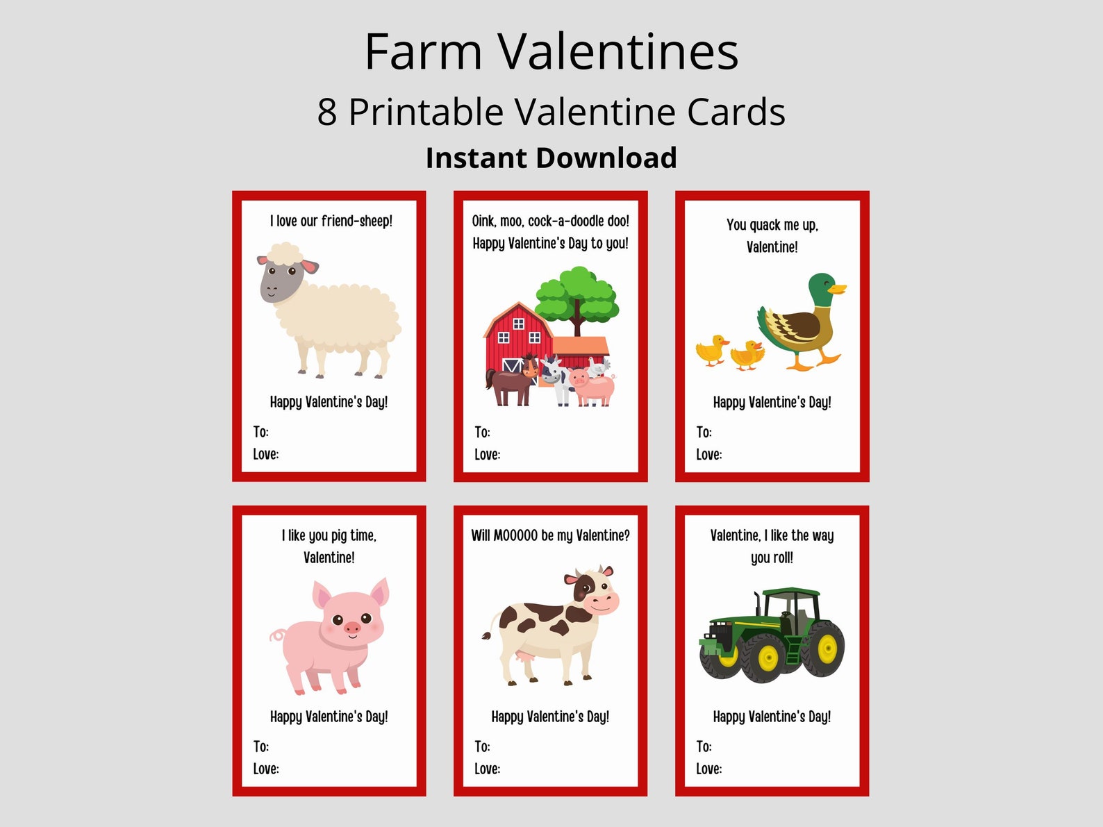 Farm Printable Valentine Cards Printable Valentines for Kids Tractor ...