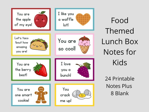 Food Theme Lunch Box Notes for Kids Encouraging Notes for | Etsy