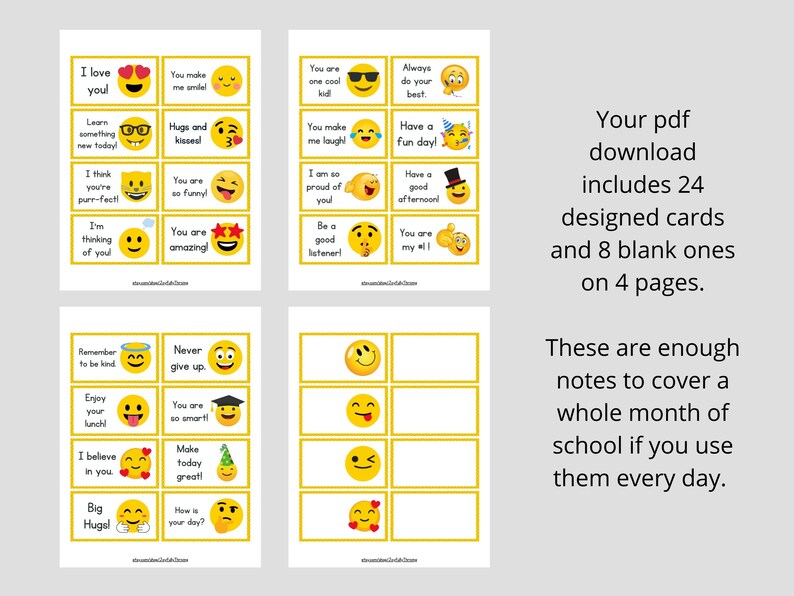 Emoji Lunch Box Notes for Kids, 24 Printable Cards (digital Download ...