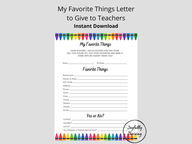 Teacher's Favorite Things Printable, Teacher Gift Letter (digital ...