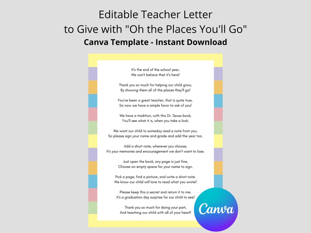 Dr. Seuss Teacher Letter, "oh, the Places You'll Go", Editable Canva ...
