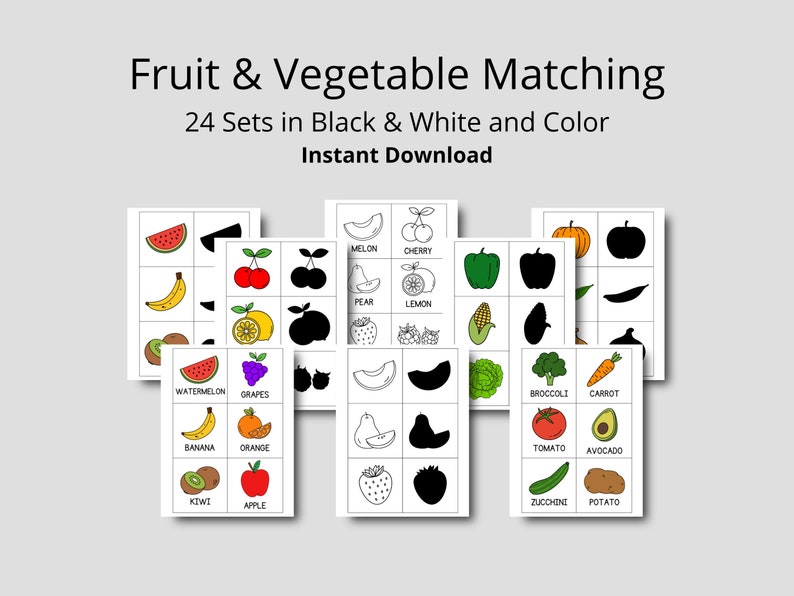 Fruit and Vegetable Matching | Printable Preschool Memory Game | Fruit ...