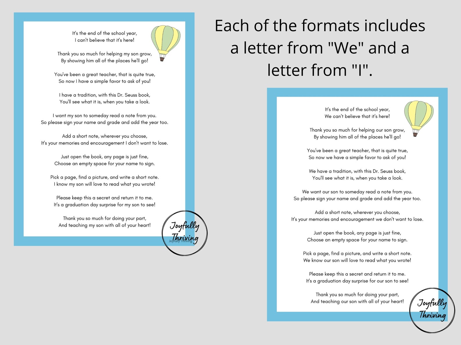Dr. Seuss "oh the Places You'll Go" Son Letter, Teacher Keepsake (canva ...