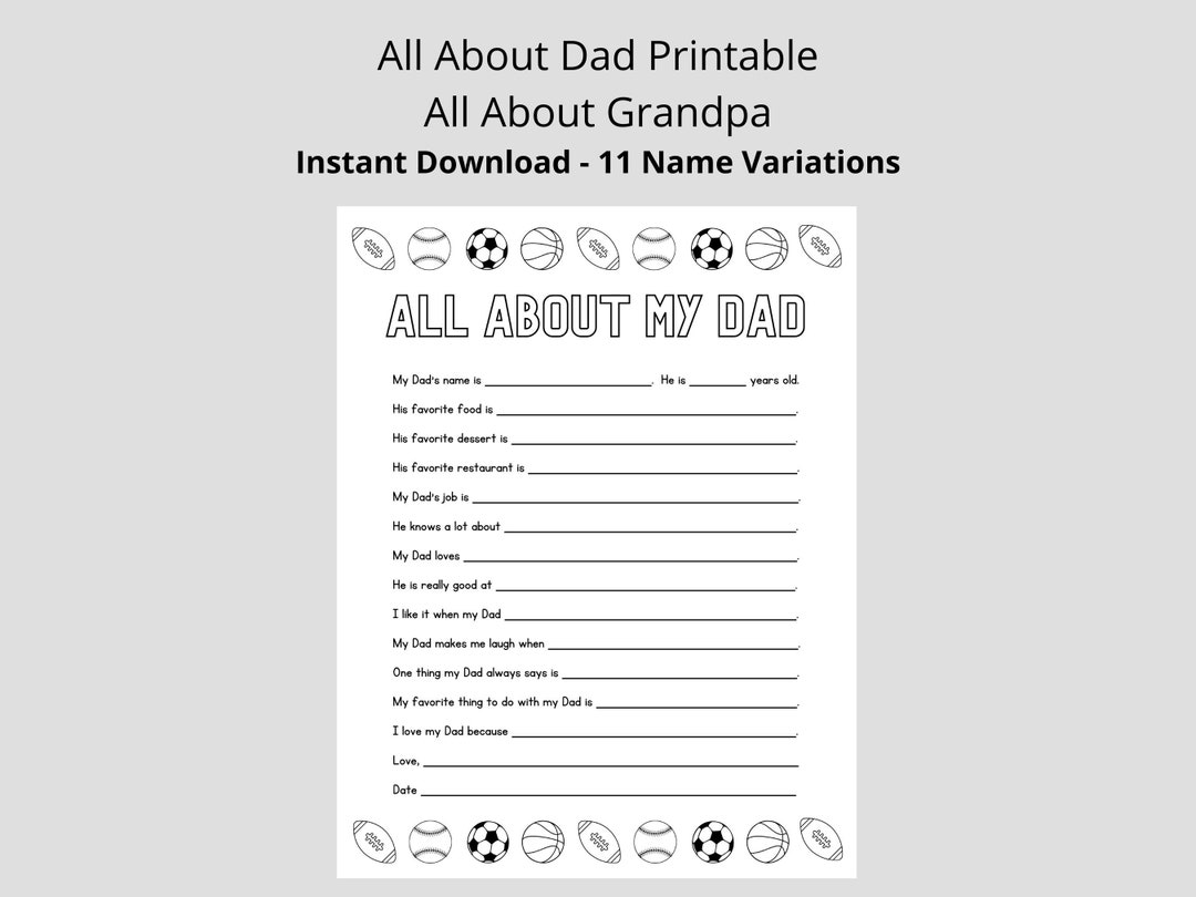 All About Dad Questionnaire Grandpa Questionnaire Printable Printable