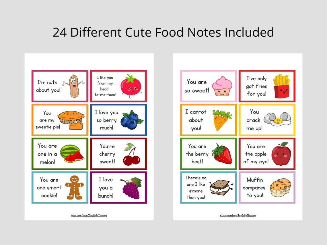 Food Theme Lunch Box Notes for Kids Encouraging Notes for | Etsy