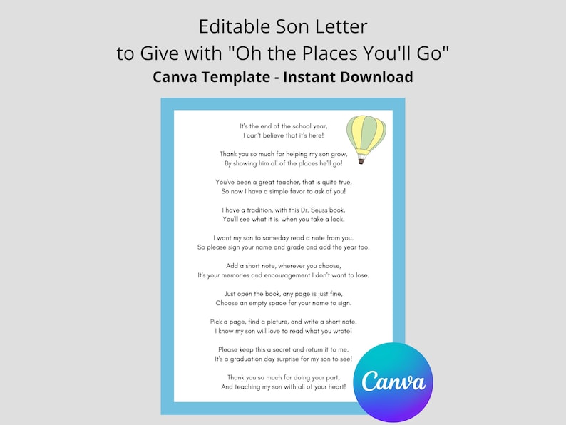 Editable Boy Letter for Oh the Places You'll Go by Dr. Seuss Son ...